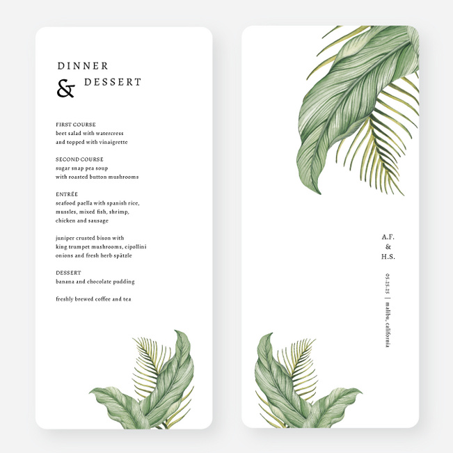 Tropical Leaves Wedding Menus | Paper Culture